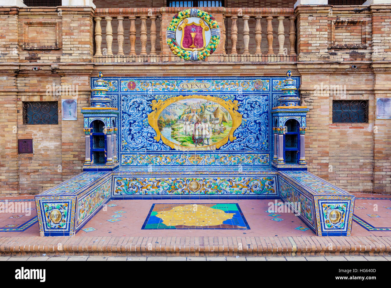 Glazed tiles bench of spanish province of Cuenca at Plaza de Espana ...