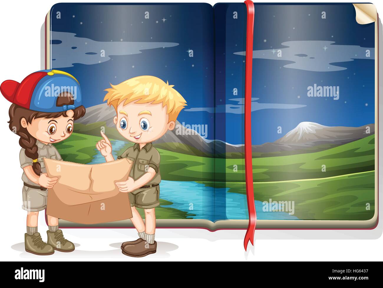 Two kids reading map with book of green field behind illustration Stock ...