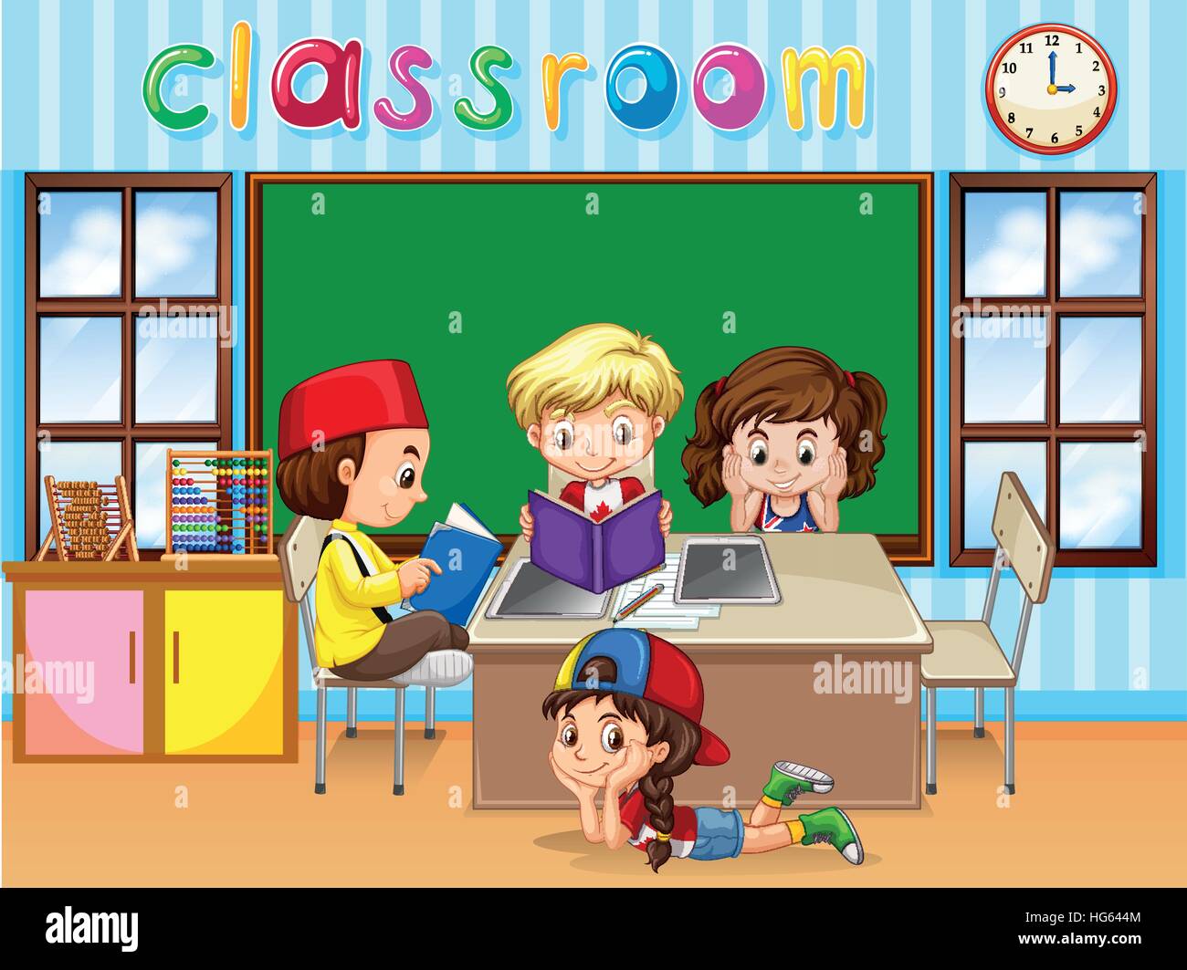 Four kids studying in classroom illustration Stock Vector Image & Art ...