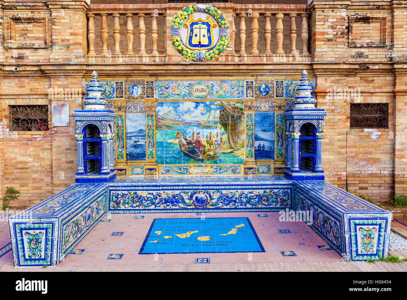 Glazed tiles bench of spanish province of Canarias at Plaza de Espana ...