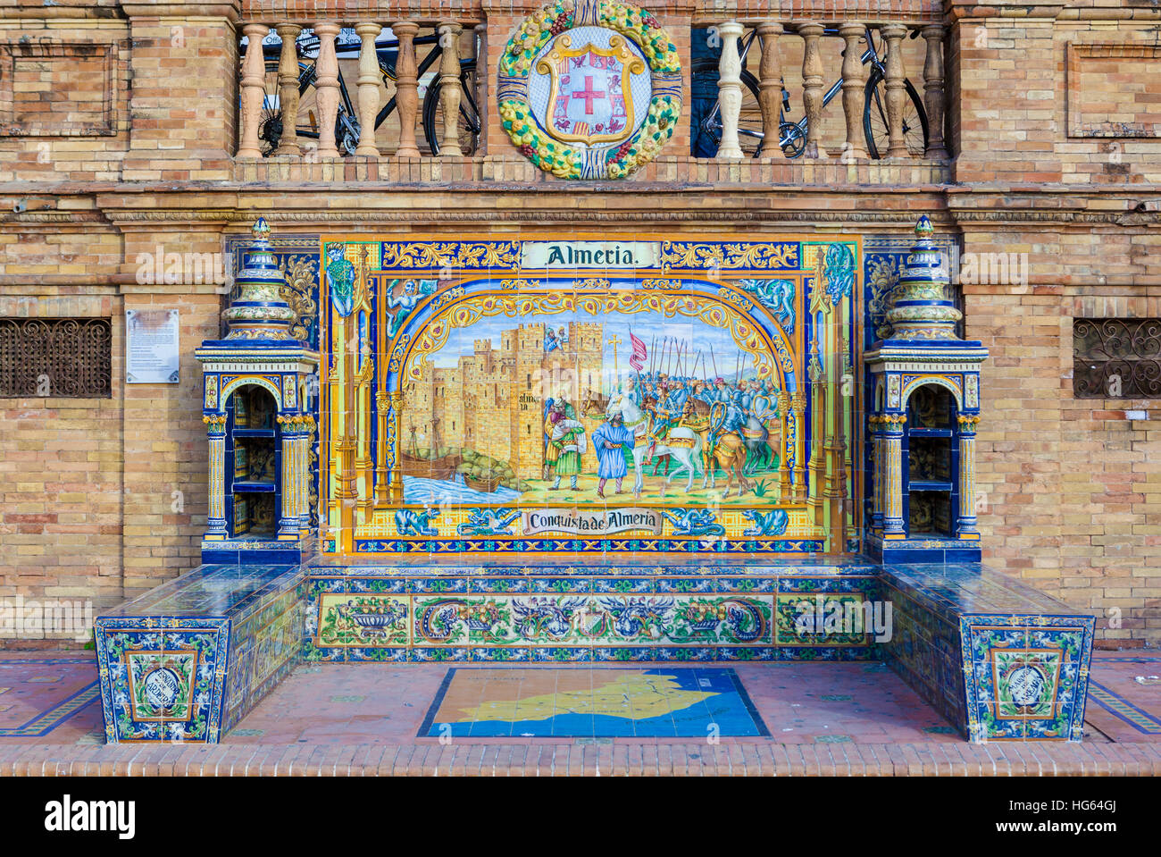 Glazed tiles bench of spanish province of Almeria at Plaza de Espana ...