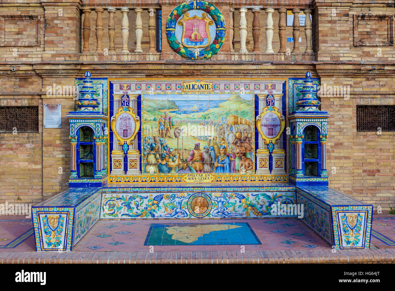 Glazed tiles bench of spanish province of Alicante at Plaza de Espana ...