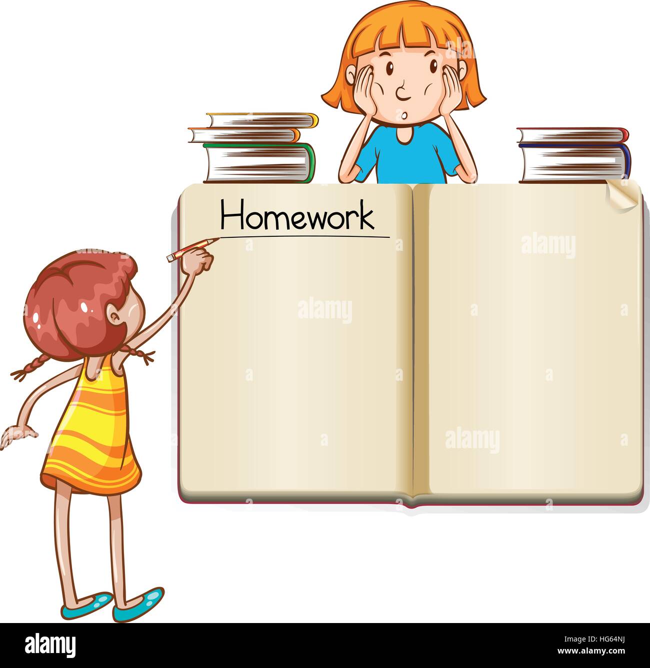 Paper template with girl writing word homework illustration Stock ...
