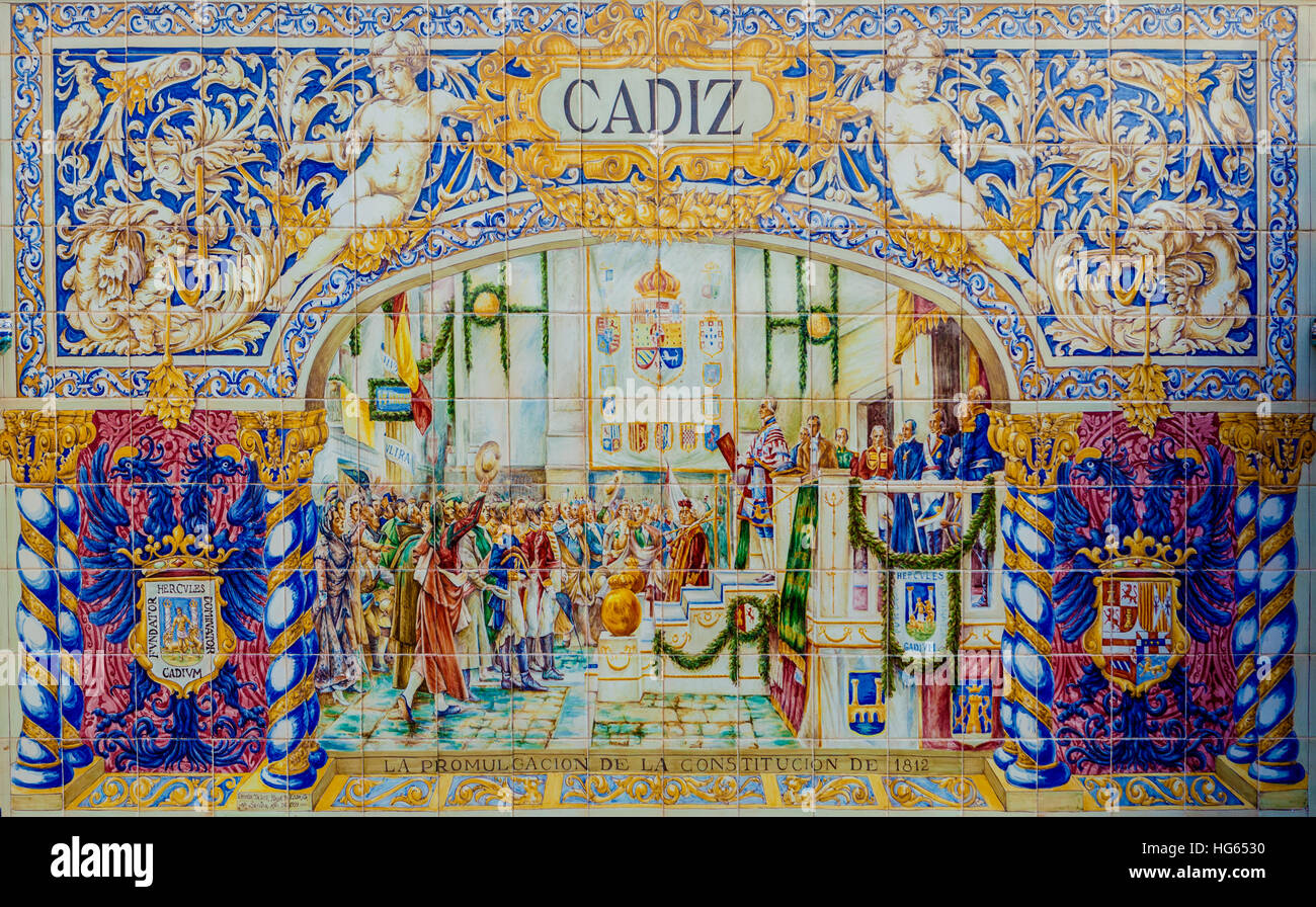 Glazed tiles wall of spanish province of Cadiz at Plaza de Espana ...