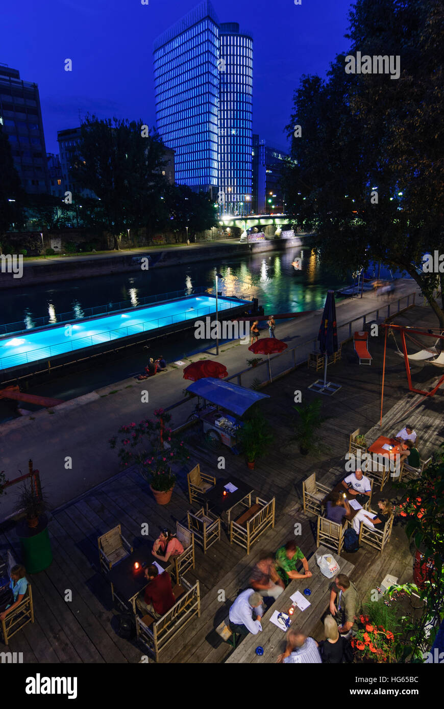 Wien, Vienna: bath swimmingpool ship in the Danube Canal, Uniqa Tower ...