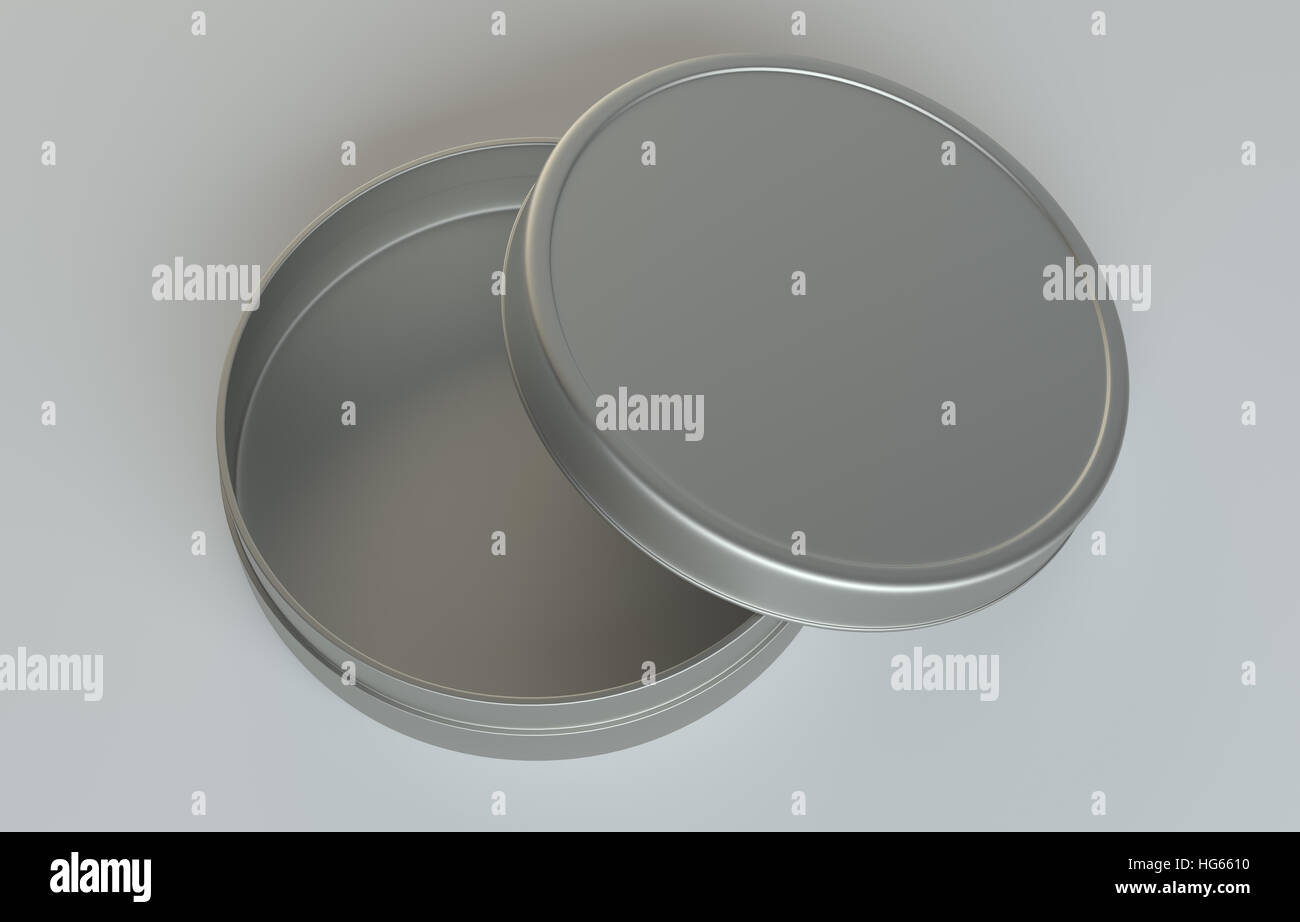 Metal round box on gray background Stock Photo - Alamy