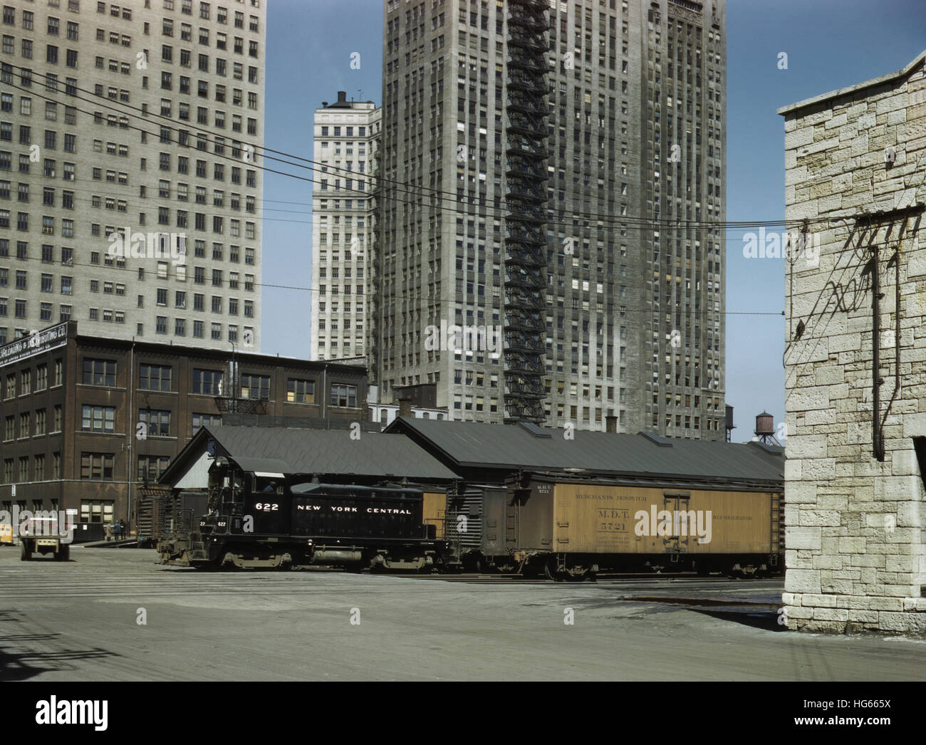 Diesel switch engine moving freight cars at the Illinois Central ...