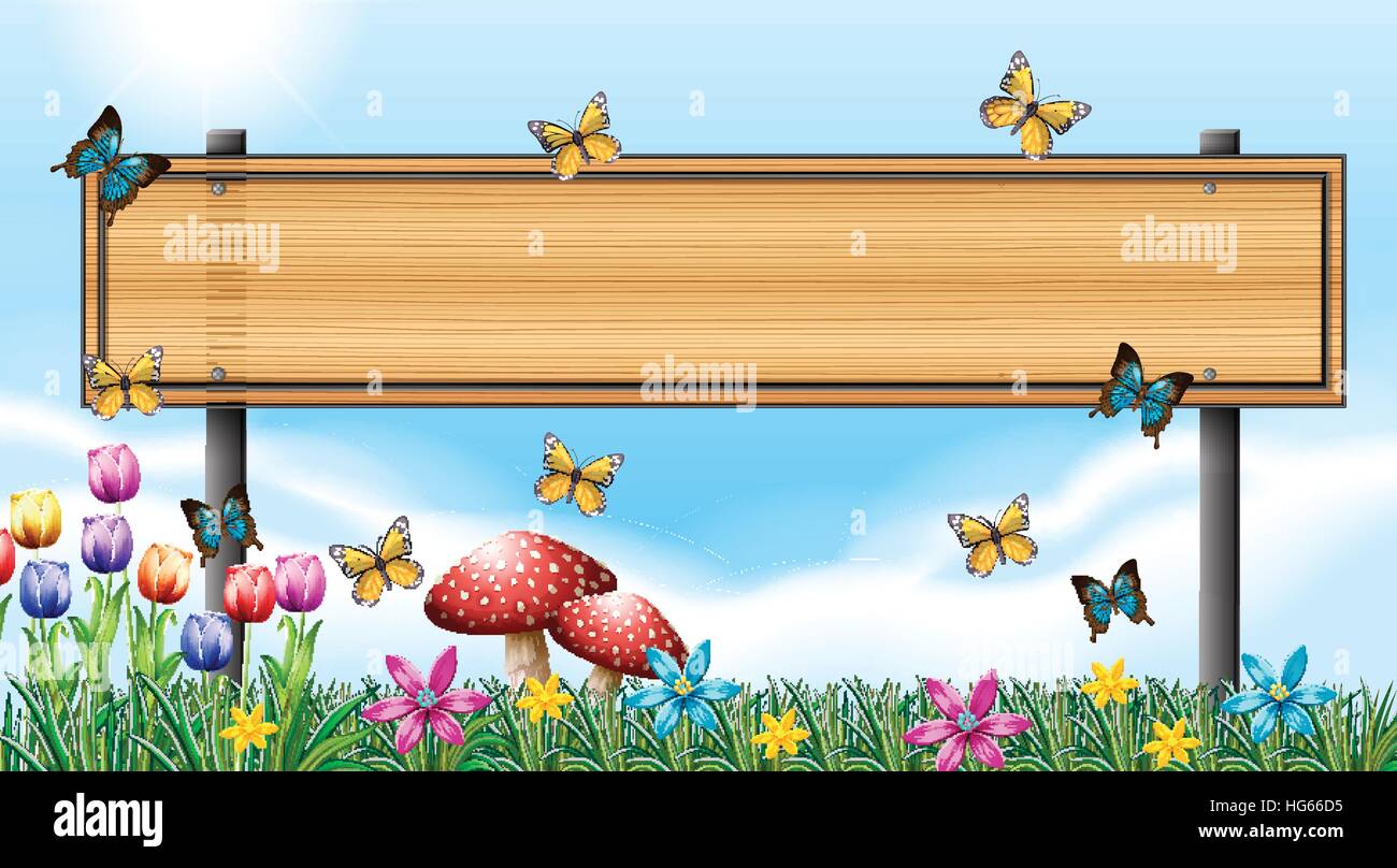 Wooden sign template with butterflies in garden illustration Stock ...