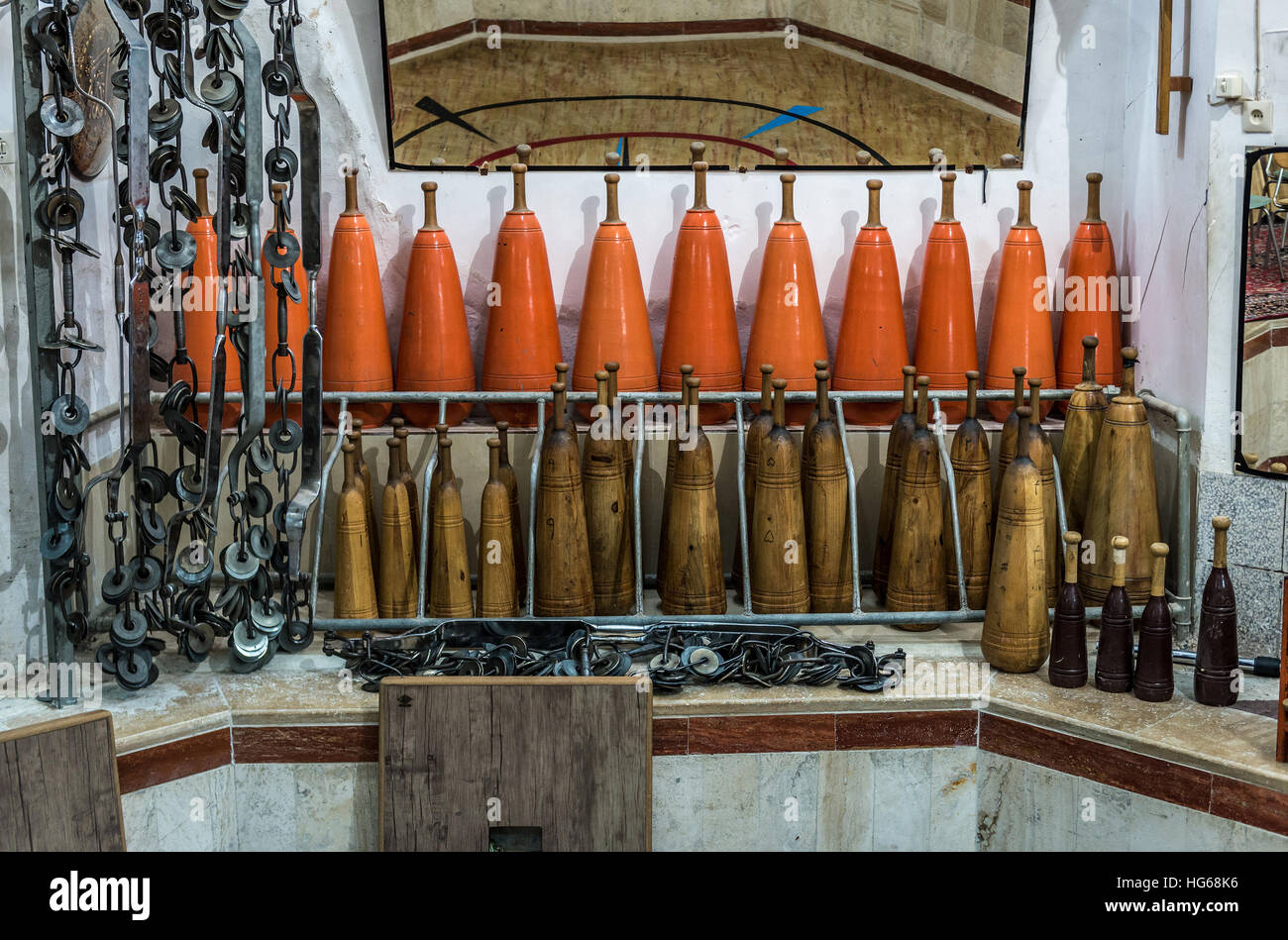 wooden clubs in traditional Persian gym called zurkaneh in Yazd city ...