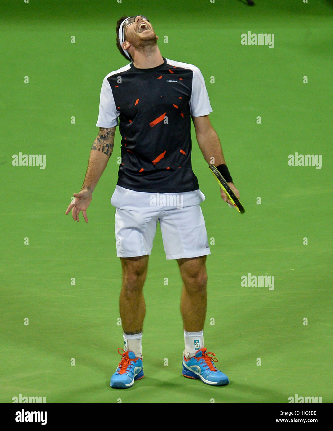 Doha, Qatar. 4th Jan, 2017. Gerald Melzer of Austria reacts during a ...
