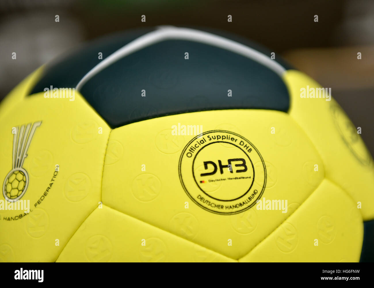 Kamen, Germany. 06th Jan, 2017. A handball with the logo of the German ...