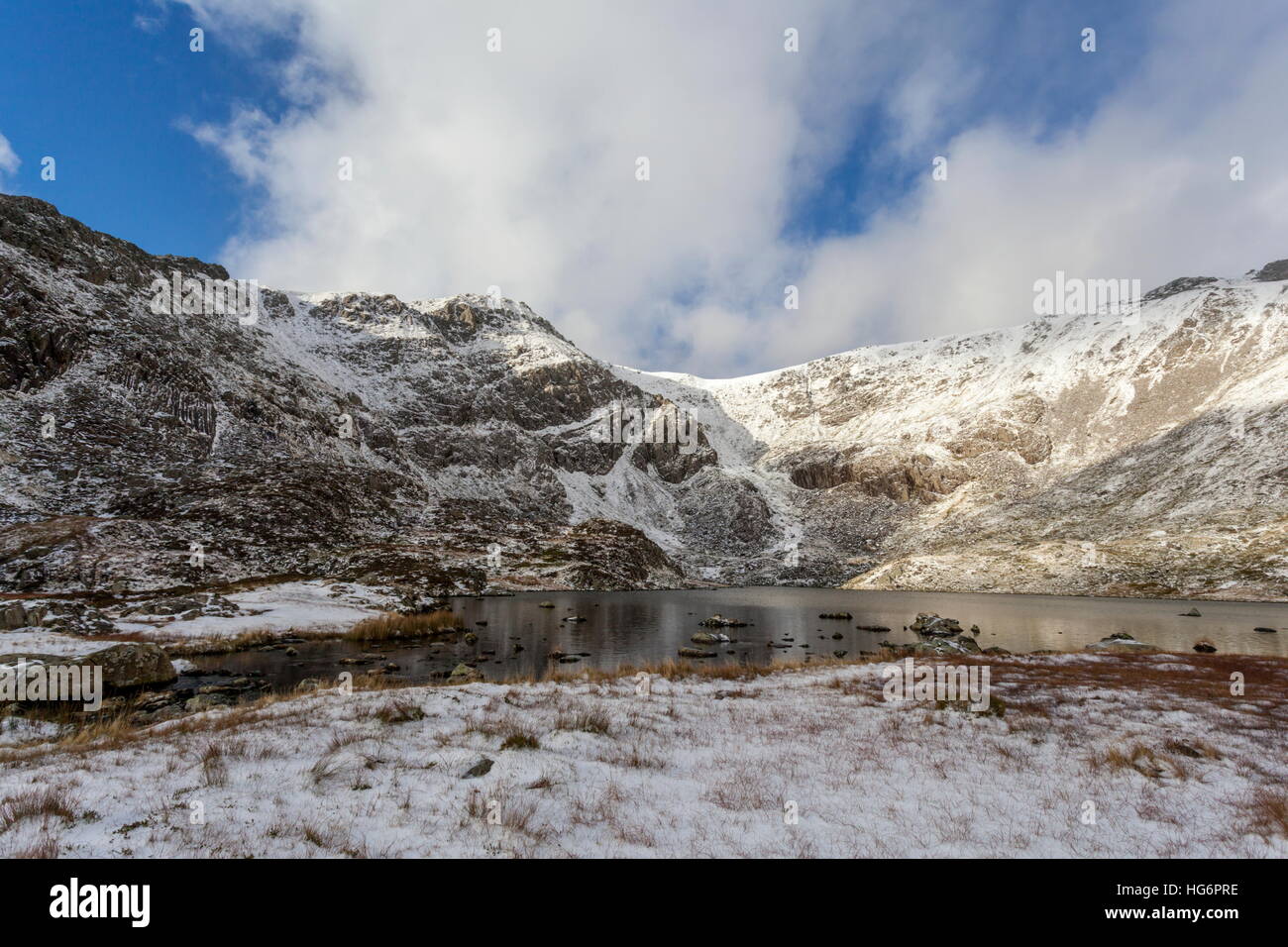 A wintery scene surrounds Ffynon Lloer on the Carneddau mountain range ...