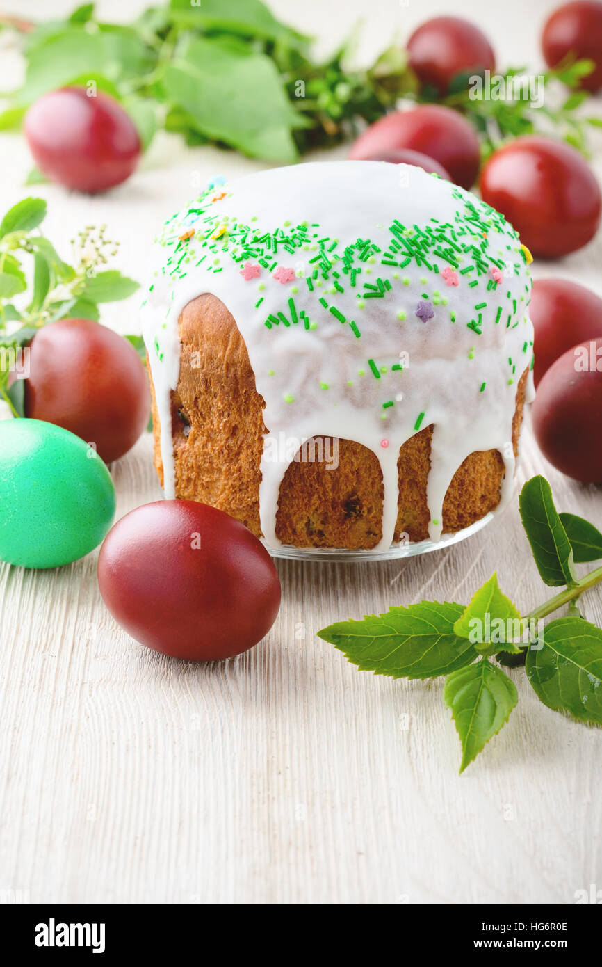 Homemade traditional easter cake with sugar icing, decorated with ...