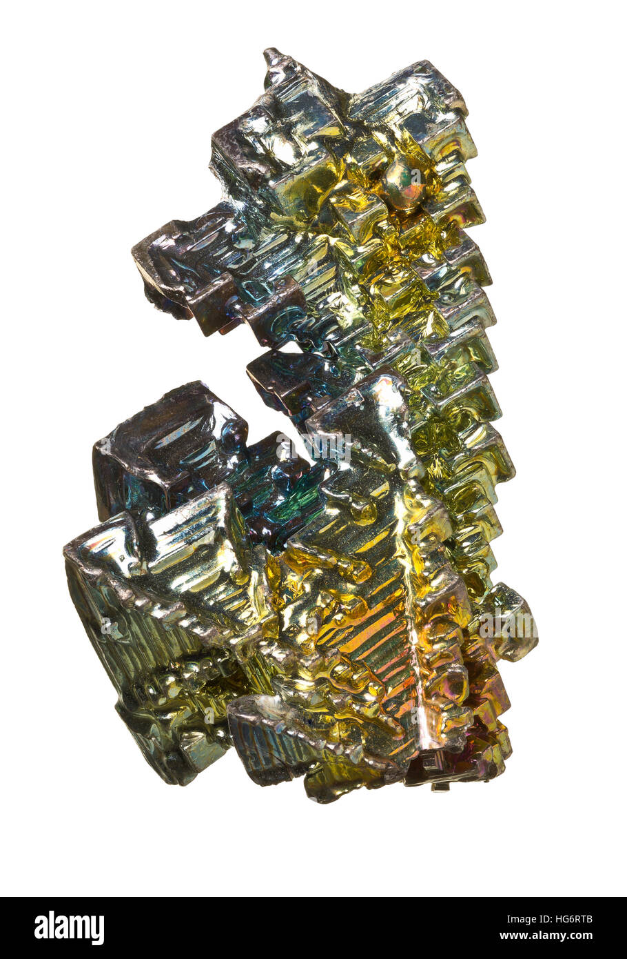 Artificially grown bismuth (Bi) crystal isolated on white background ...
