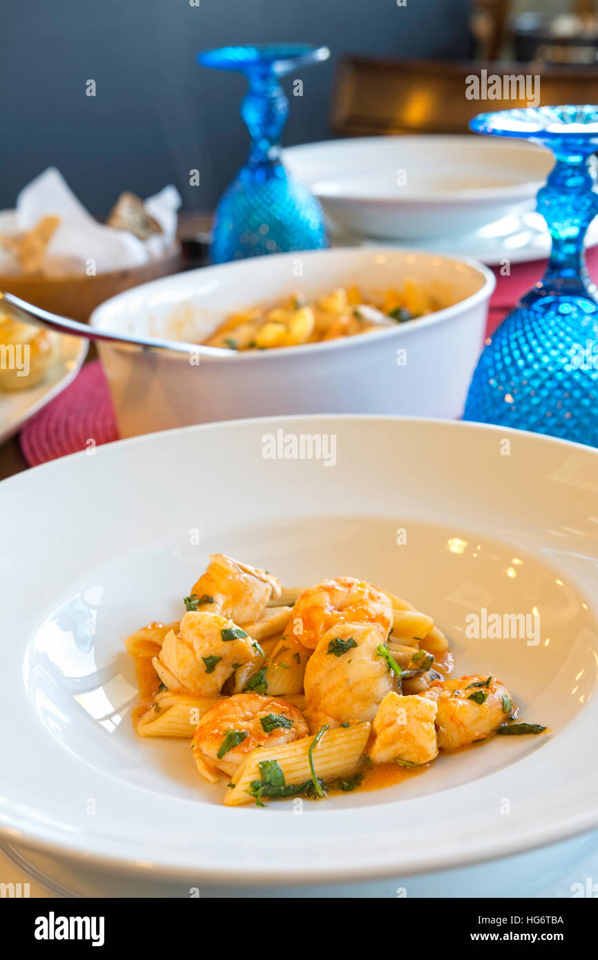 Seafood with macaroni, shrimps, fish and penne Stock Photo - Alamy