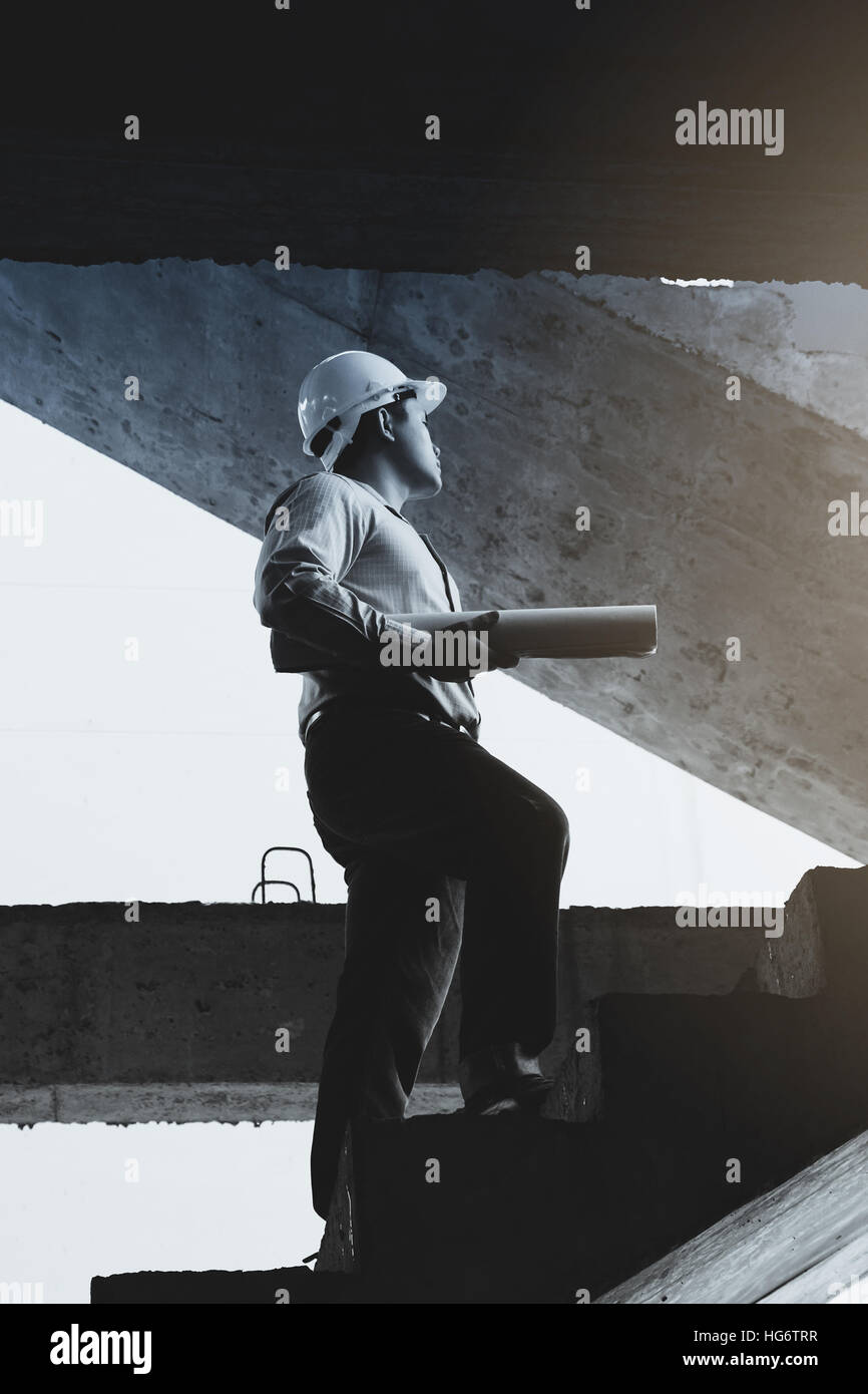 Engineer Architect working at Construction Site, Black and White Effect ...