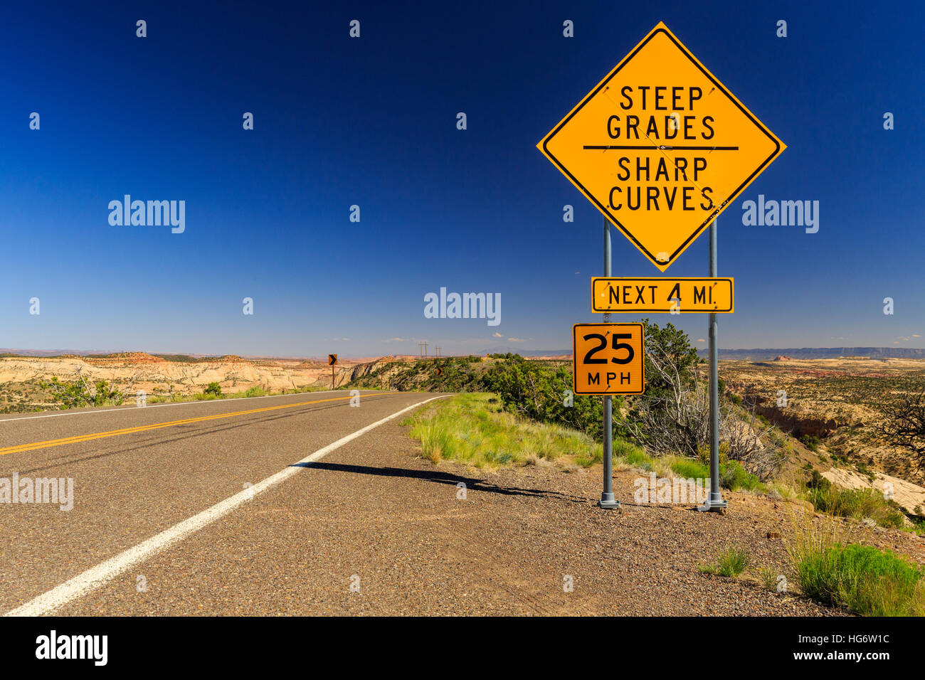 Sign - STEEP GRADES - SHARP CURVES - at The Hogback, Utahs Scenic Byway ...