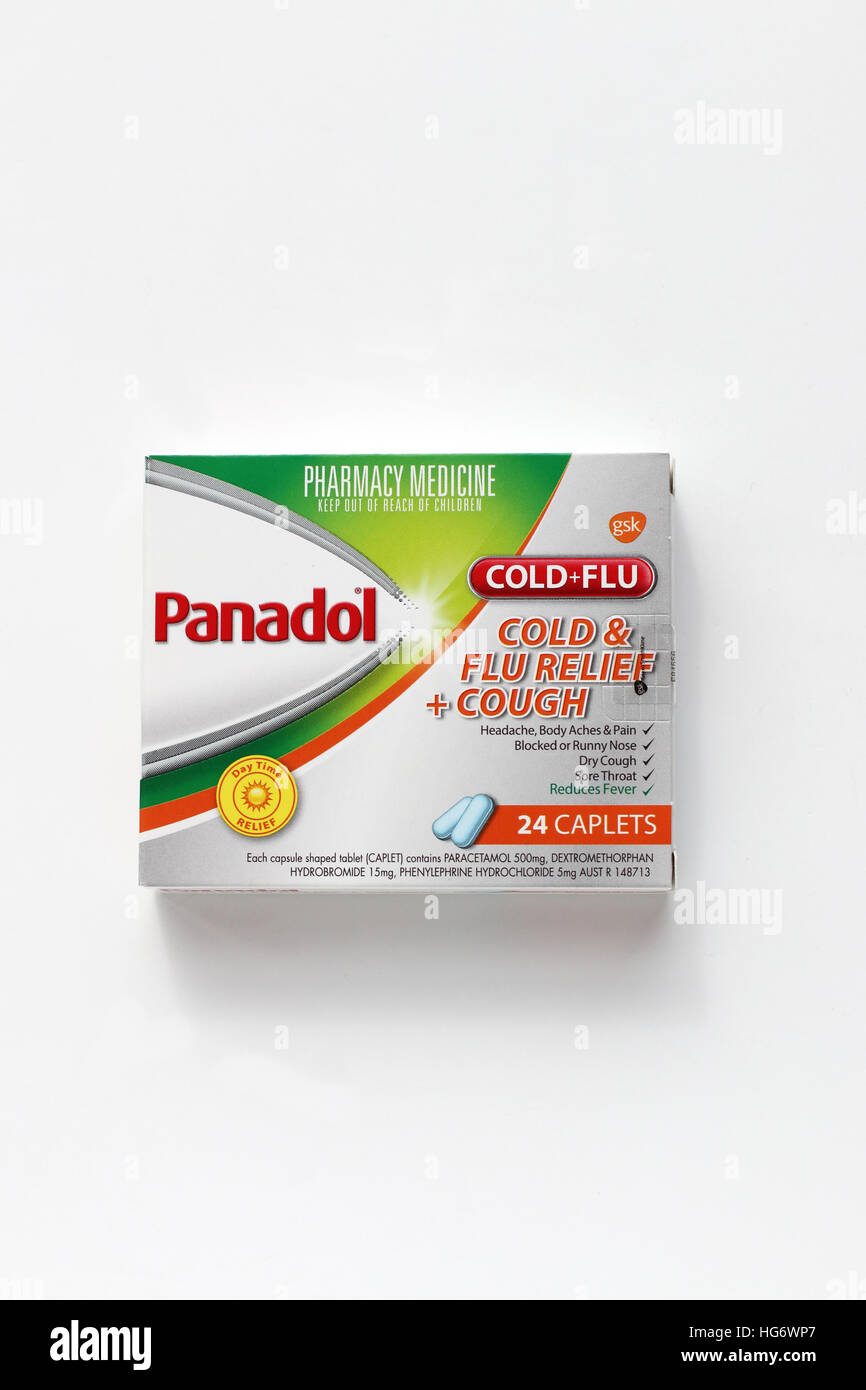 Panadol Cold and Flu and cough relief tablets in a box isolated against ...