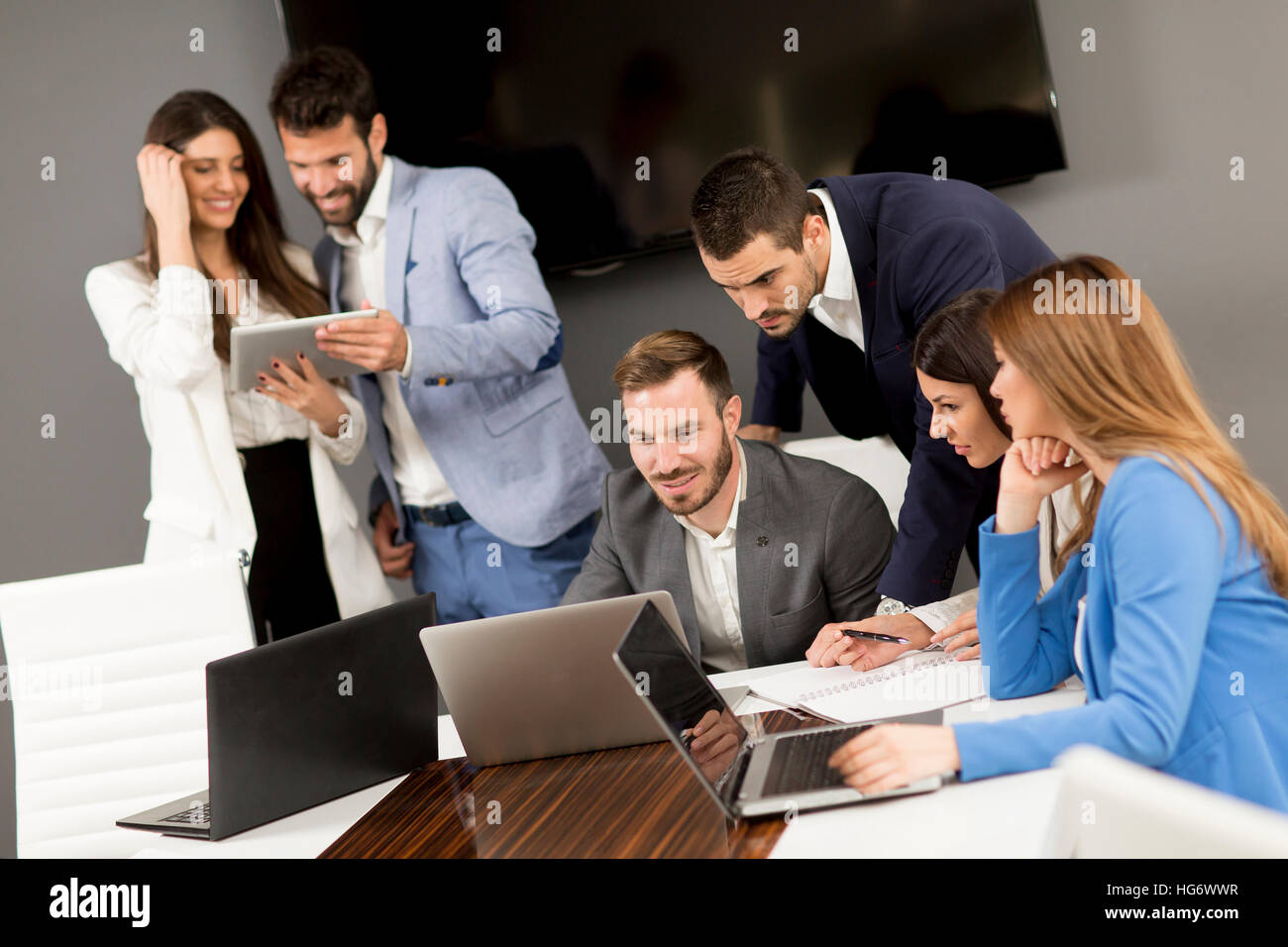 View at young business people keeping team building in a modern office ...