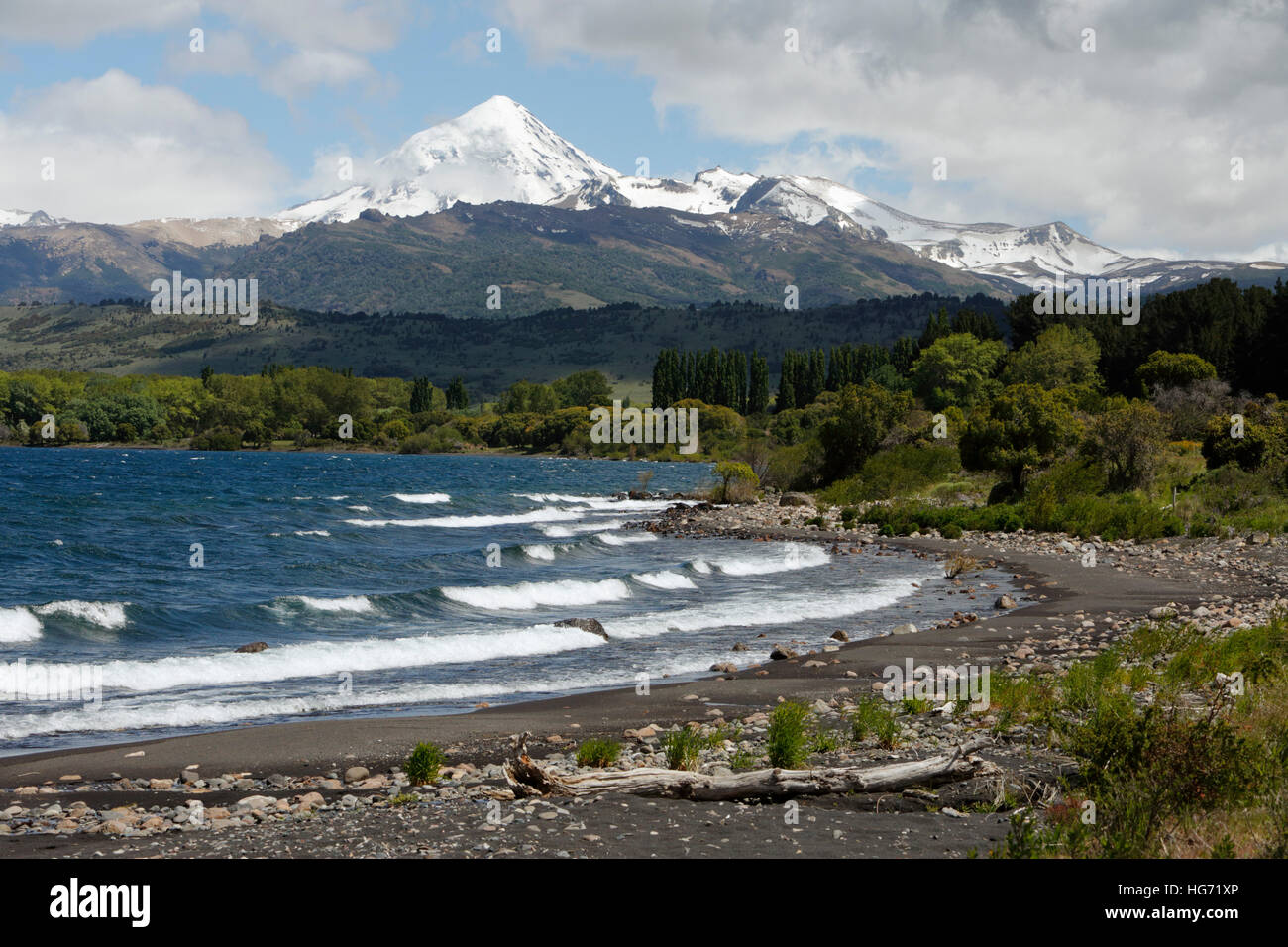 Volcan Lanin stratovolcano and Lago Huechulafquen, Lanin National Park ...
