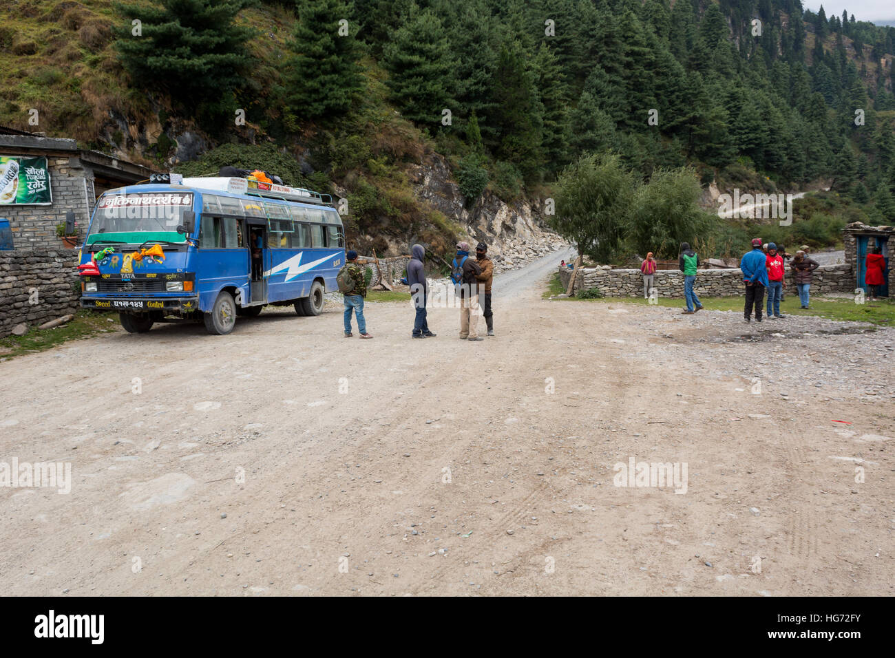 Jomsom, Nepal - October 19: People having a rest from bus ride, on ...