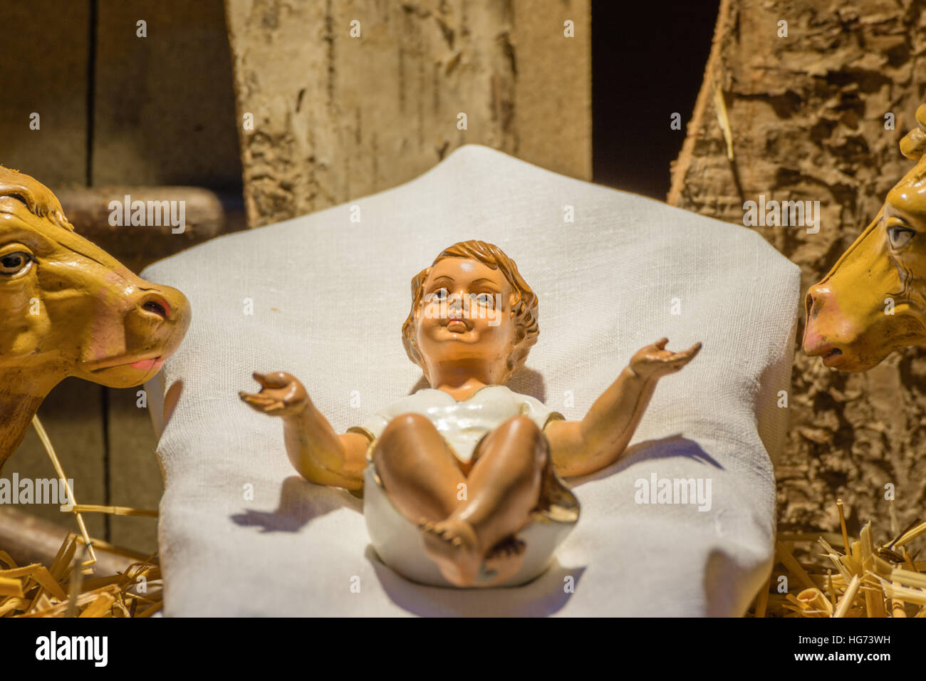 Holy baby jesus in the manger between the ox and the donkey Stock Photo ...