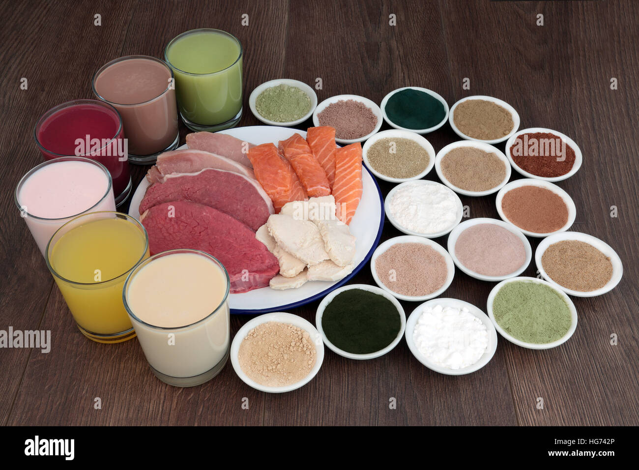 Health food and drinks for body builders with lean meat of steak ...