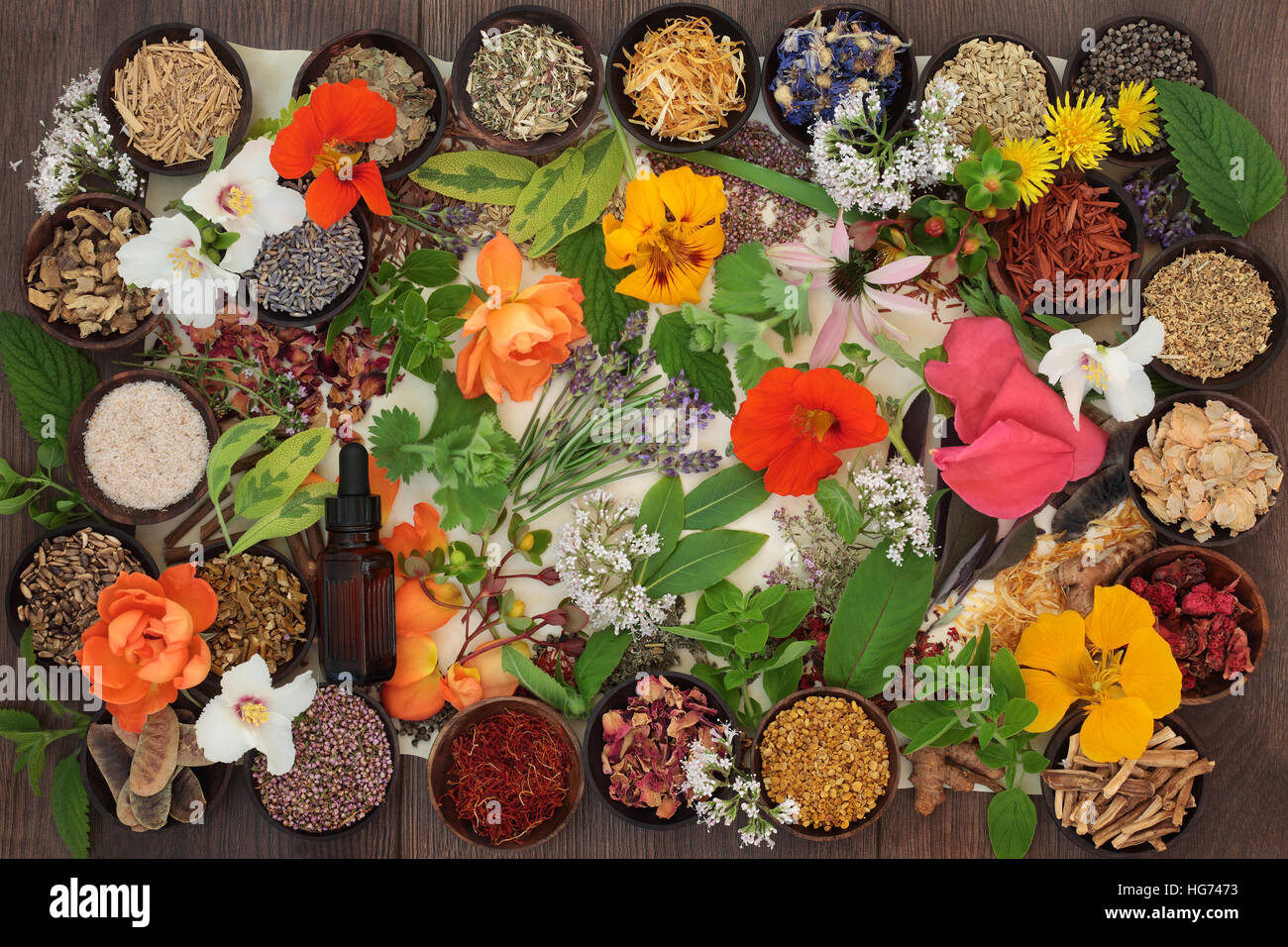 Dried medicinal flower and herb selection with essential oil bottle ...