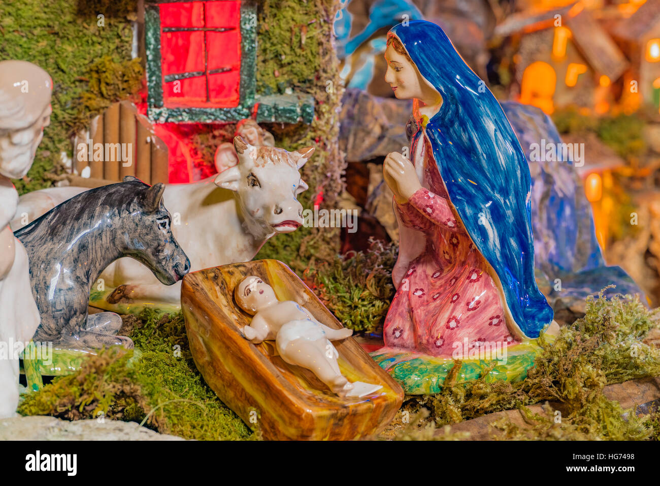 Christmas Nativity scene of baby Jesus in the manger with Saint Joseph ...