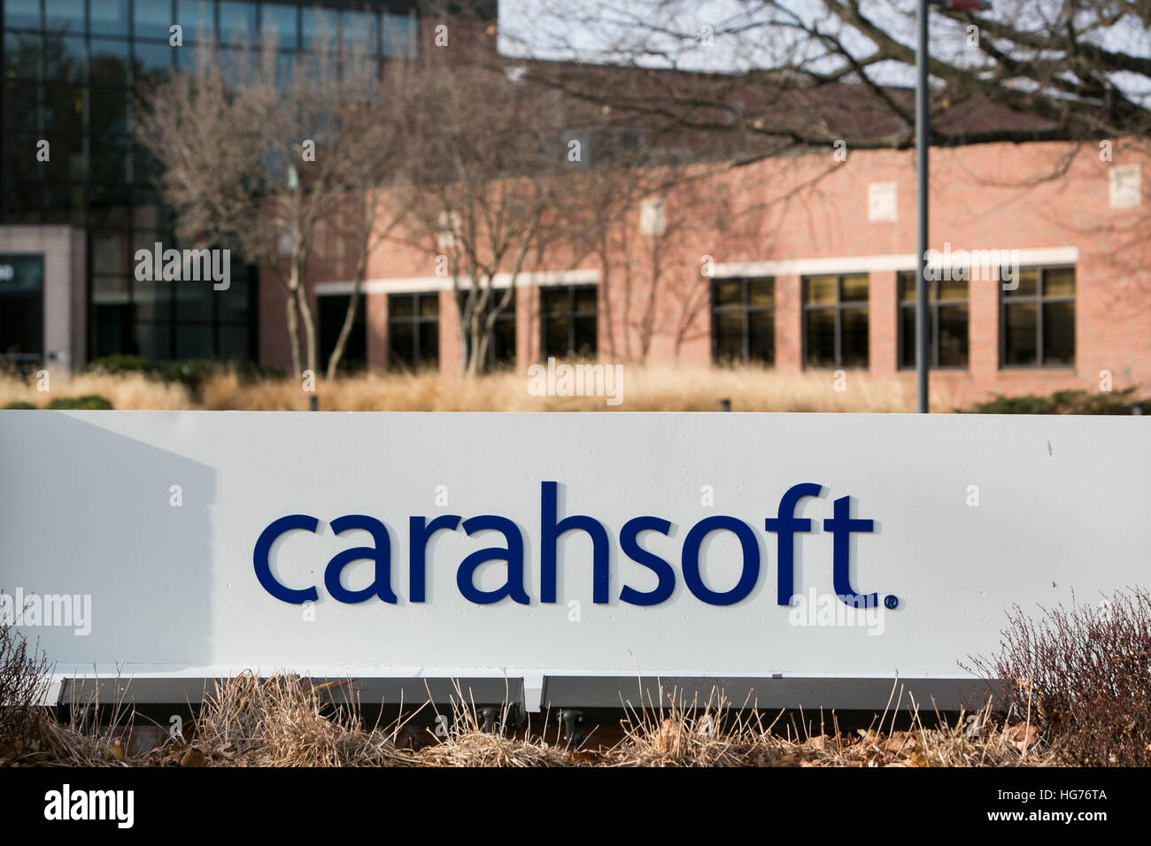 A logo sign outside of the headquarters of the Carahsoft Technology ...