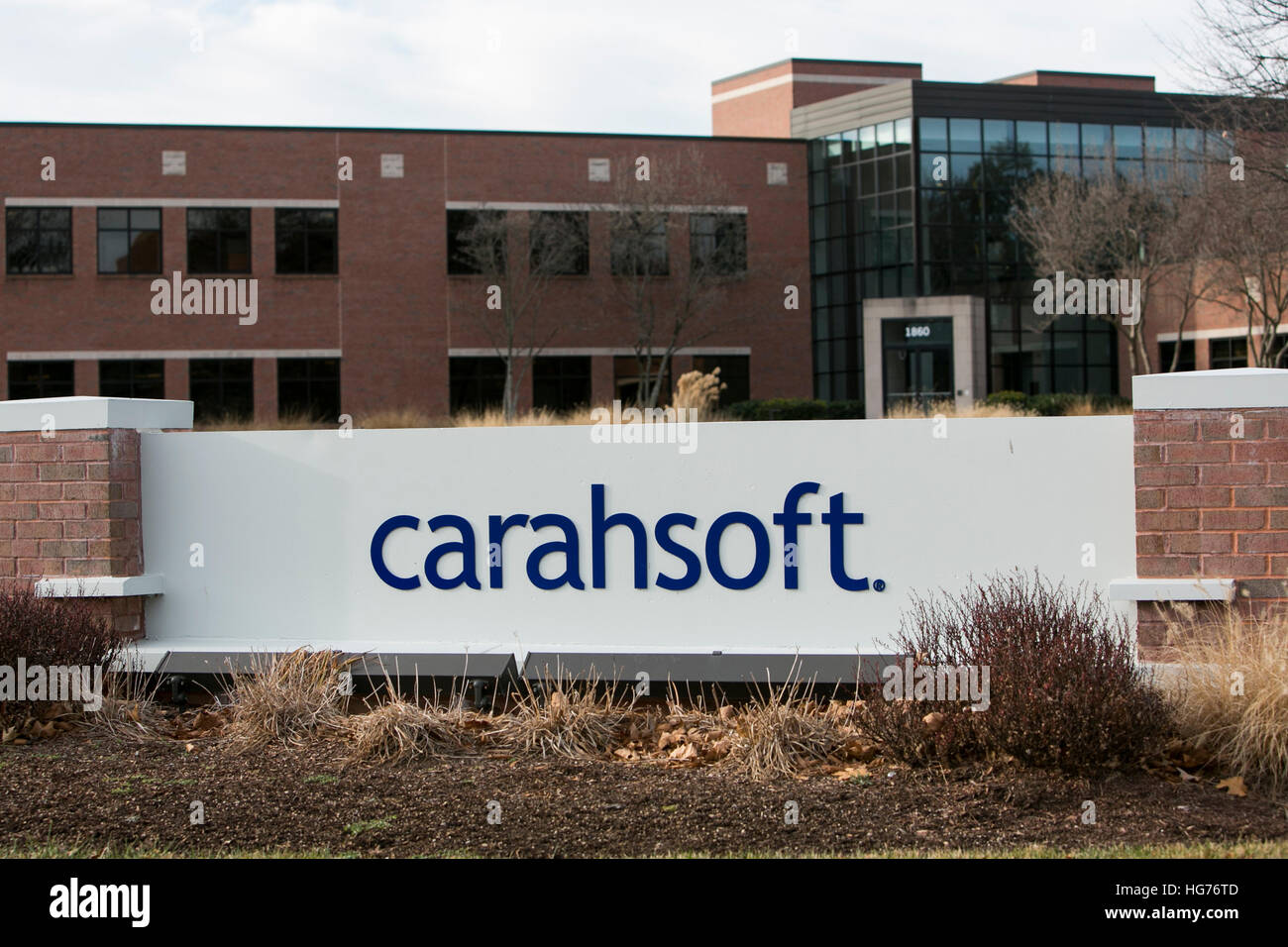 A logo sign outside of the headquarters of the Carahsoft Technology ...