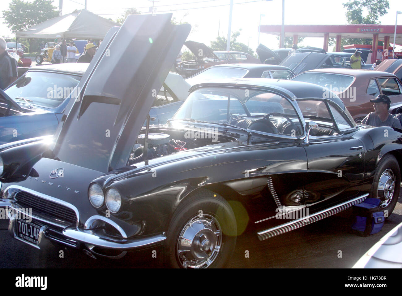 Retro/ vintage/ old/ antique car. Corvette with open hood/ bonnet at ...