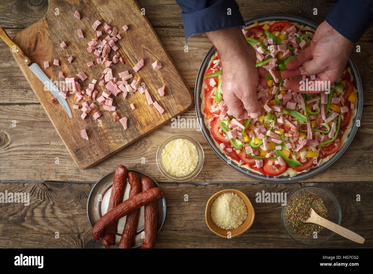 Ham, pepper, onion on the pizza horizontal Stock Photo - Alamy