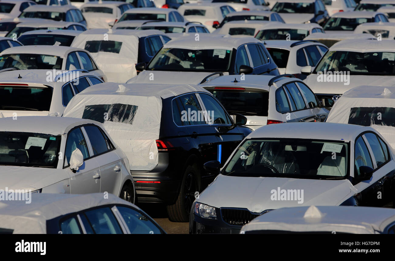 New cars in a compound near Sheerness in Kent as annual new car sales ...