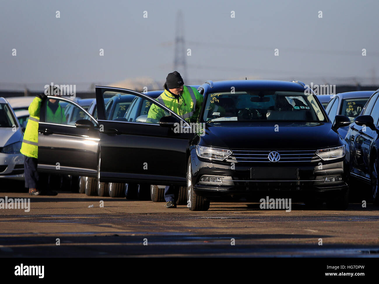 New cars are driven around a compound near Sheerness in Kent as annual ...