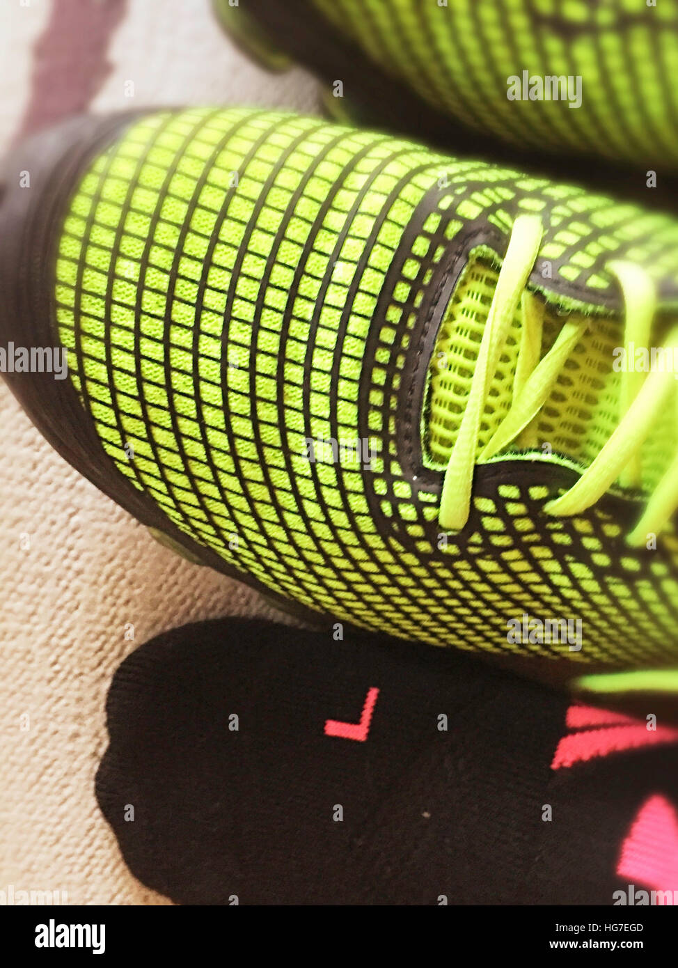 Bright Neon Green Running Shoes with Compression Sock fro Left Foot ...