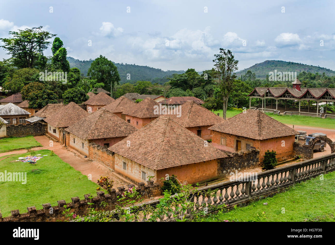 Traditional palace of the Fon of Bafut with brick and tile buildings ...
