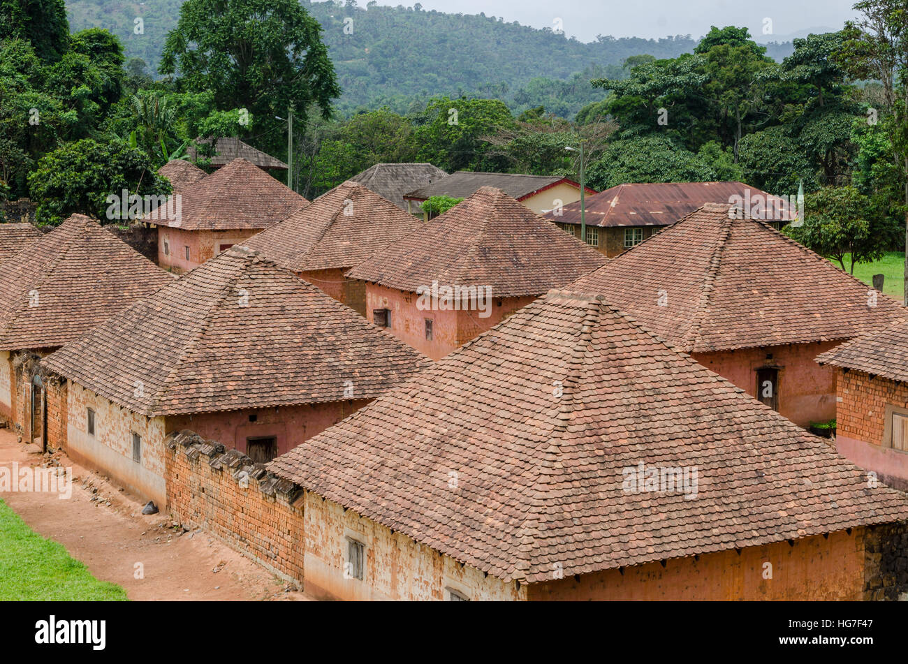 Traditional palace of the Fon of Bafut with brick and tile buildings ...