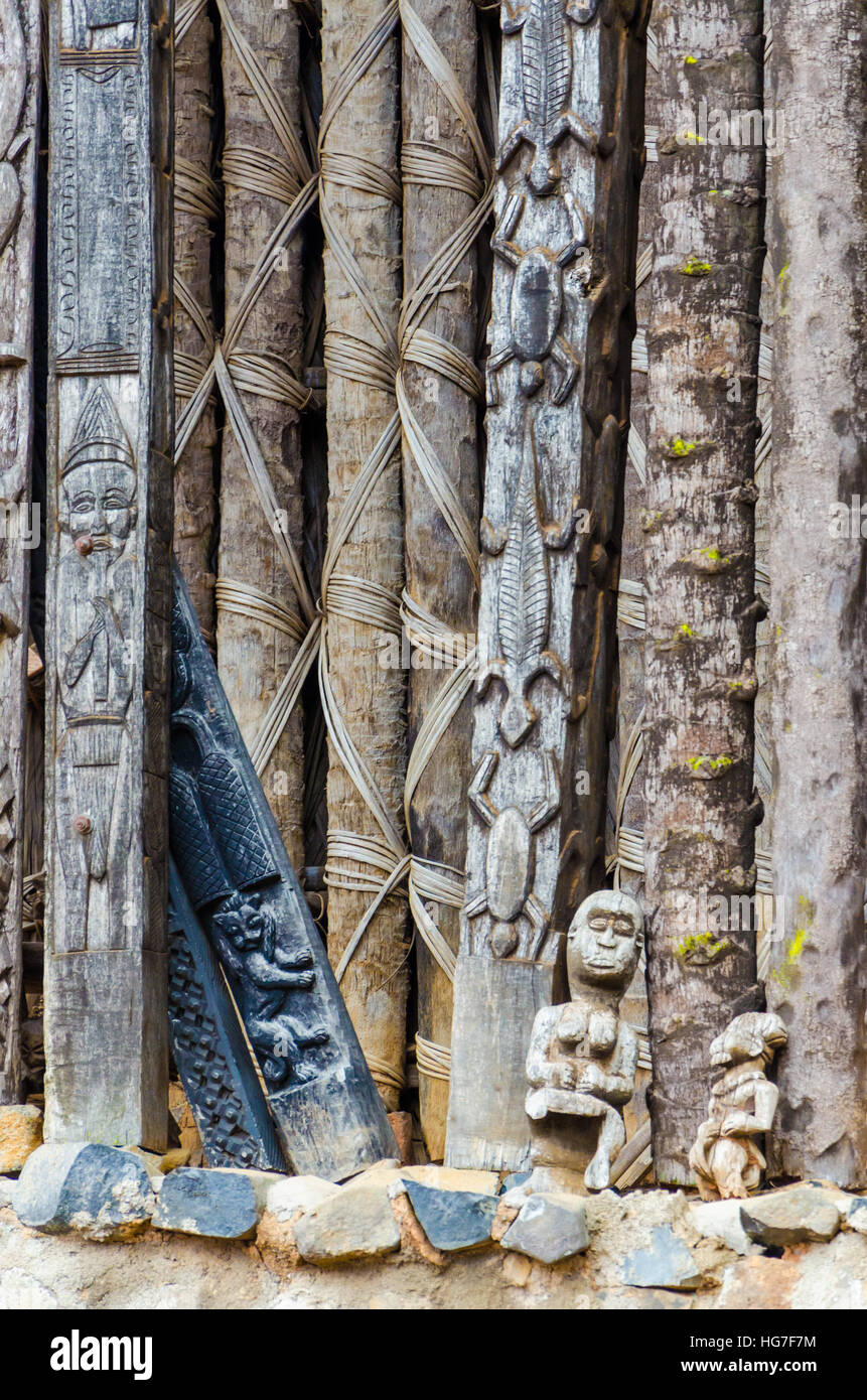 Detail of wood carving of animals on pillars at traditional Fon's ...