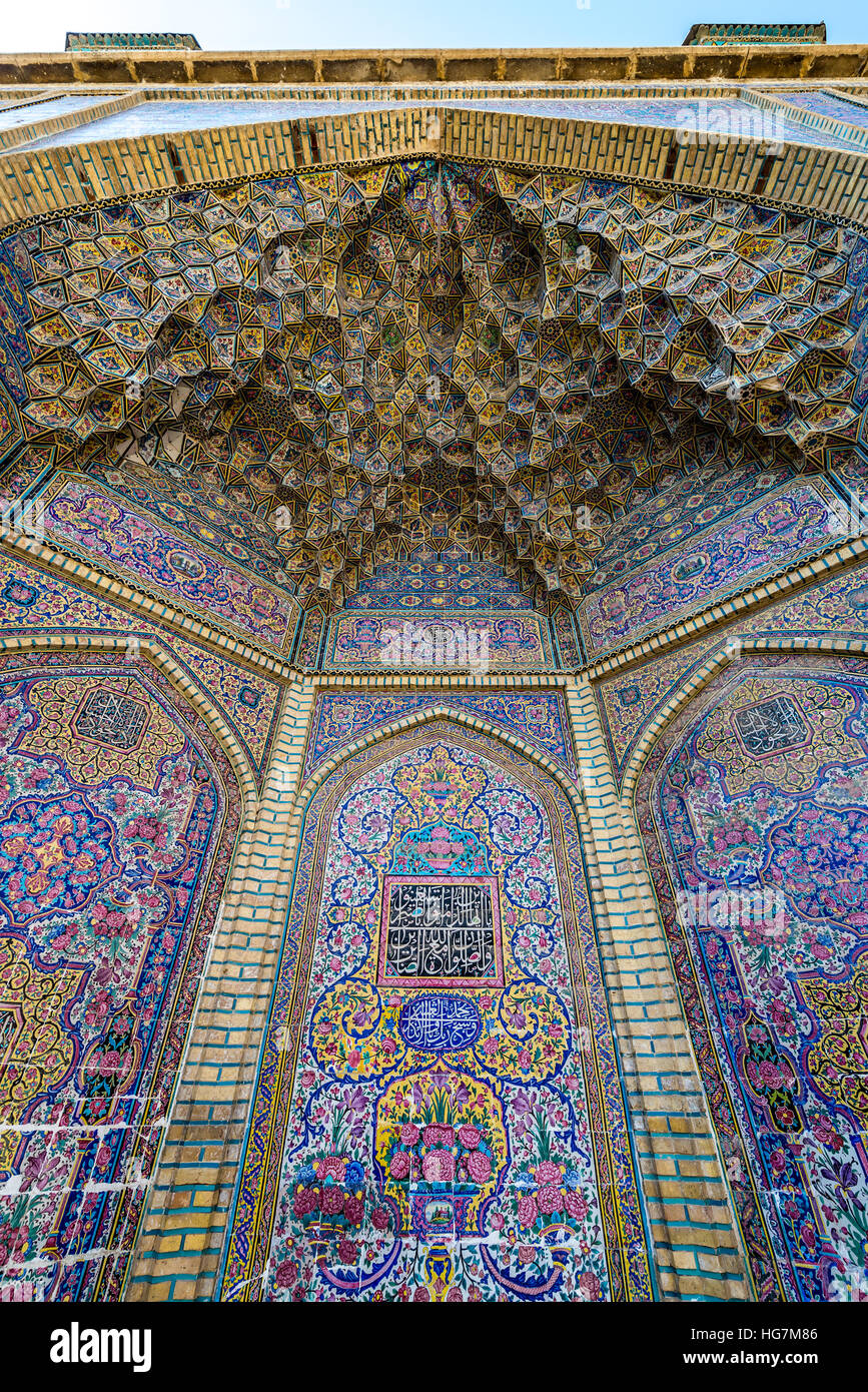 Details of Nasir ol Molk Mosque (Pink Mosque) in Shiraz city in Iran ...