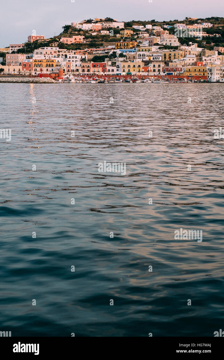 A view across the harbor of the town on the island on Ponza, Italy ...