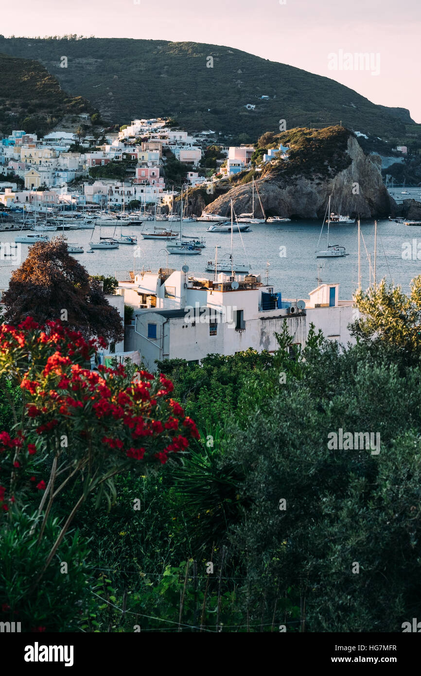 Soft evening light on a view of the harbour and town of the island of ...