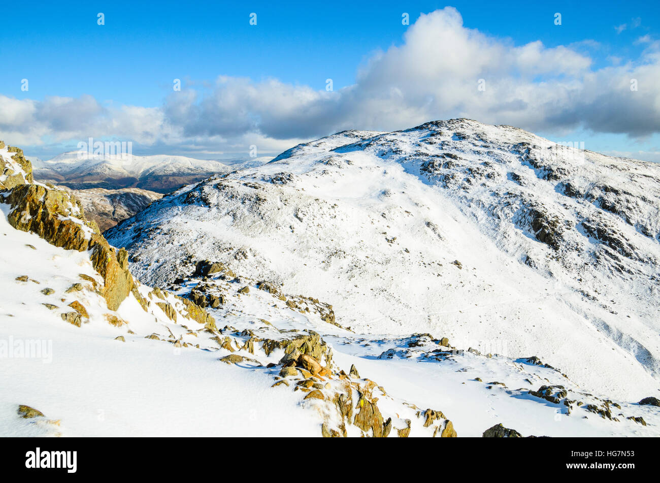 A snowy Wetherlam from Great How Crags in the Coniston Fells of the ...