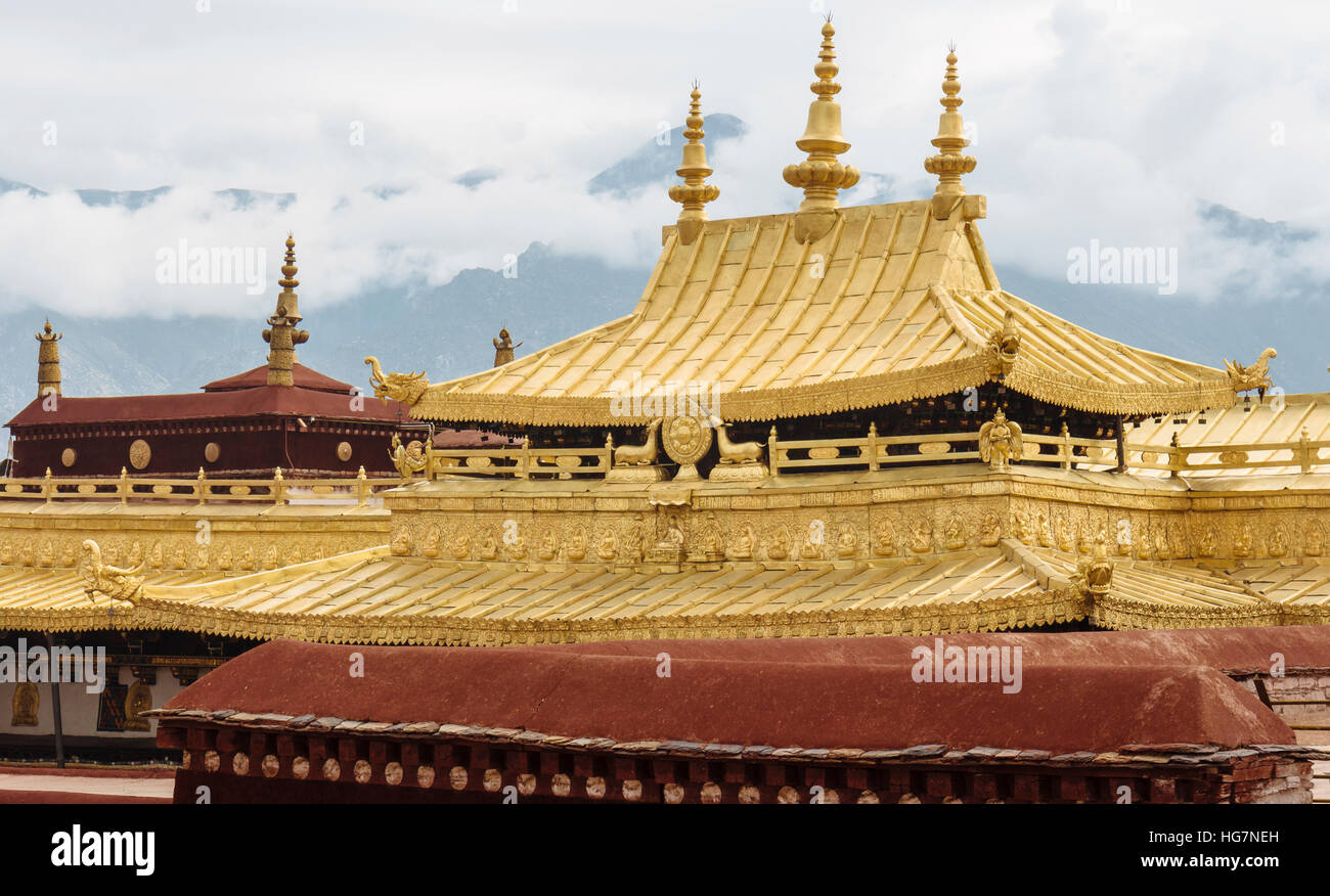 Lhasa, Tibet - the view of the Golden Roof of Jokhang Temple, the holy ...