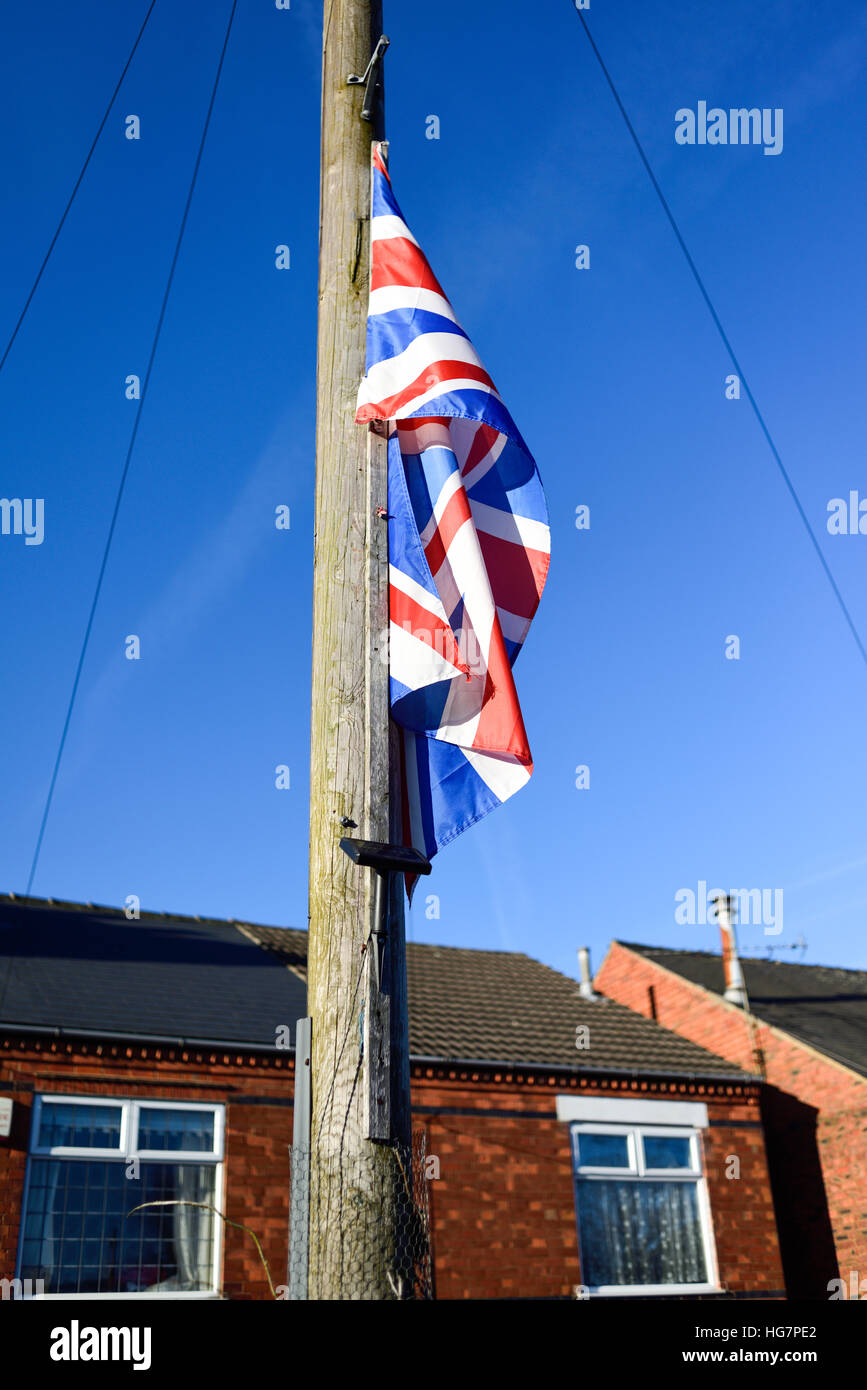 Selston,Nottinghamshire,UK.Union flag flying from telegraph pole Stock ...