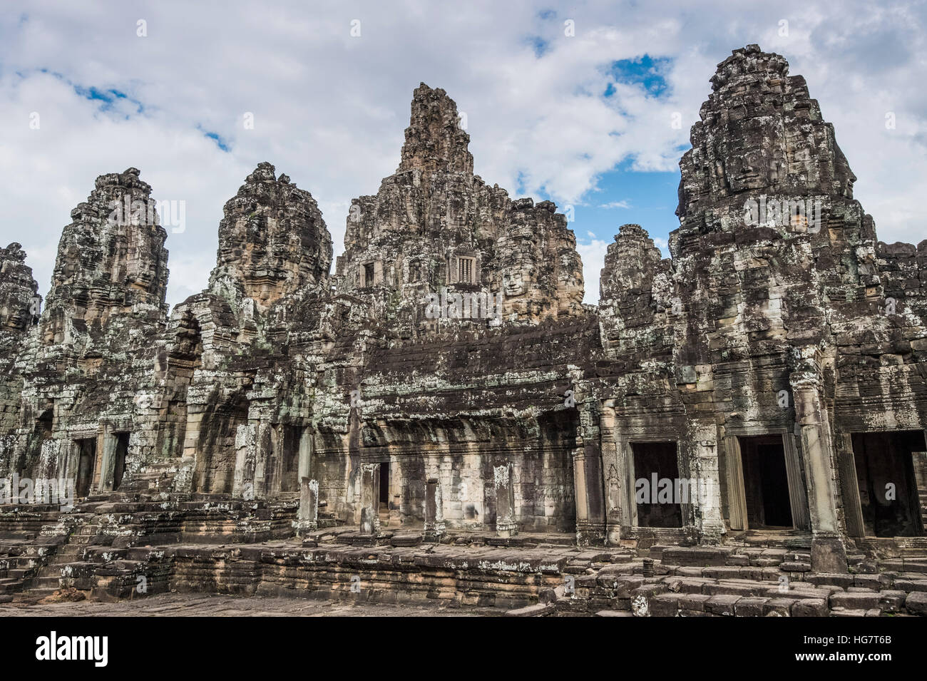 Face towers at Wat Bayon in the ancient city of Angkor Thom Stock Photo ...