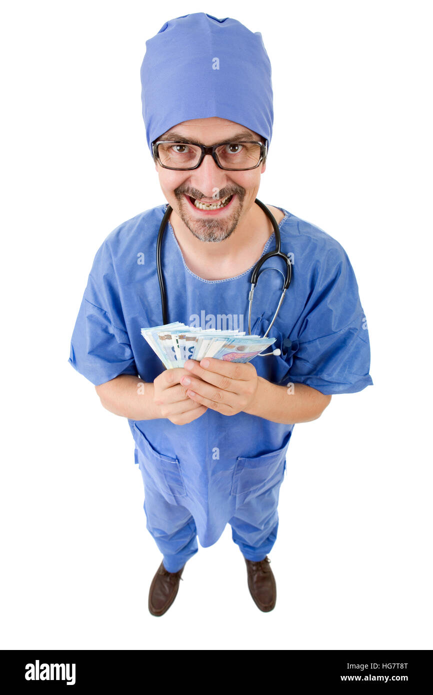 silly male doctor full length with money, isolated on white background ...