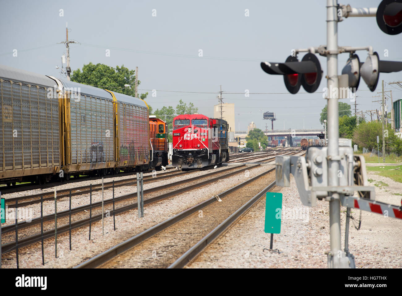 Freight train passing Canadian Pacific locomotives at Franklin Park ...