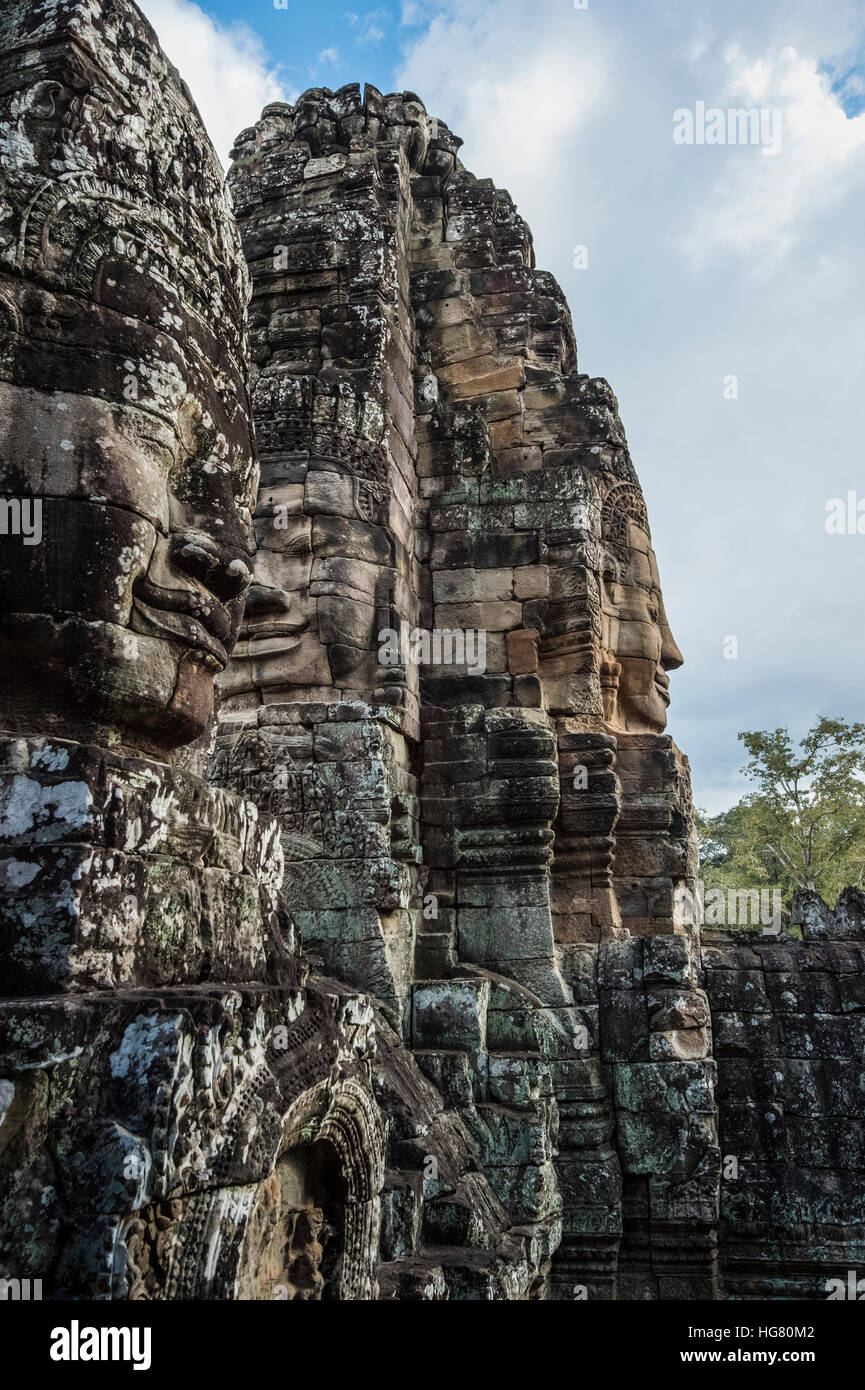 Face towers at Wat Bayon in the ancient city of Angkor Thom Stock Photo ...