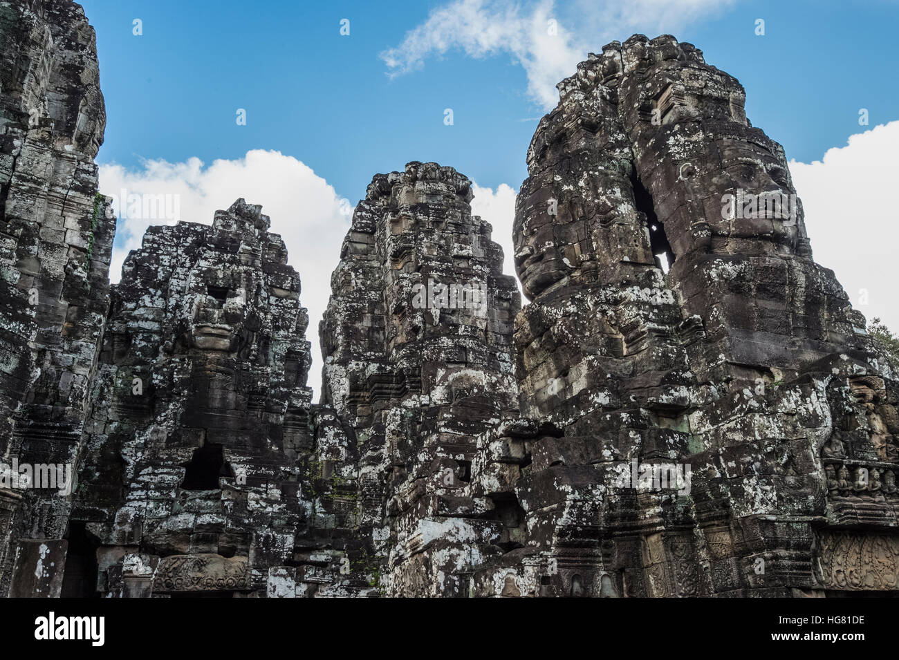 Face towers at Wat Bayon in the ancient city of Angkor Thom Stock Photo ...